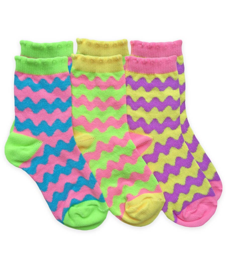 Jefferies Socks Girls Colorful Pastel Neon Wavy Crew Socks 3 Pair Pack